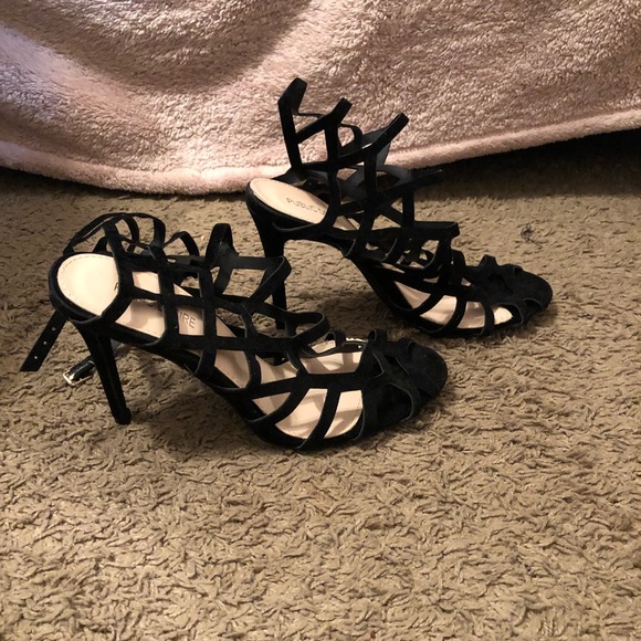 Public Desire | Shoes | Black Suede Open Toe Caged Heels | Poshmark
